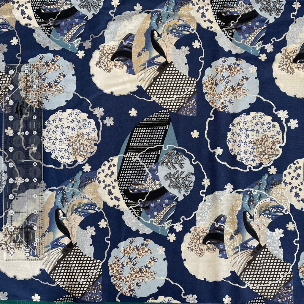 Blue Japanese Floral and Geisha Fabric – Village Fabrics